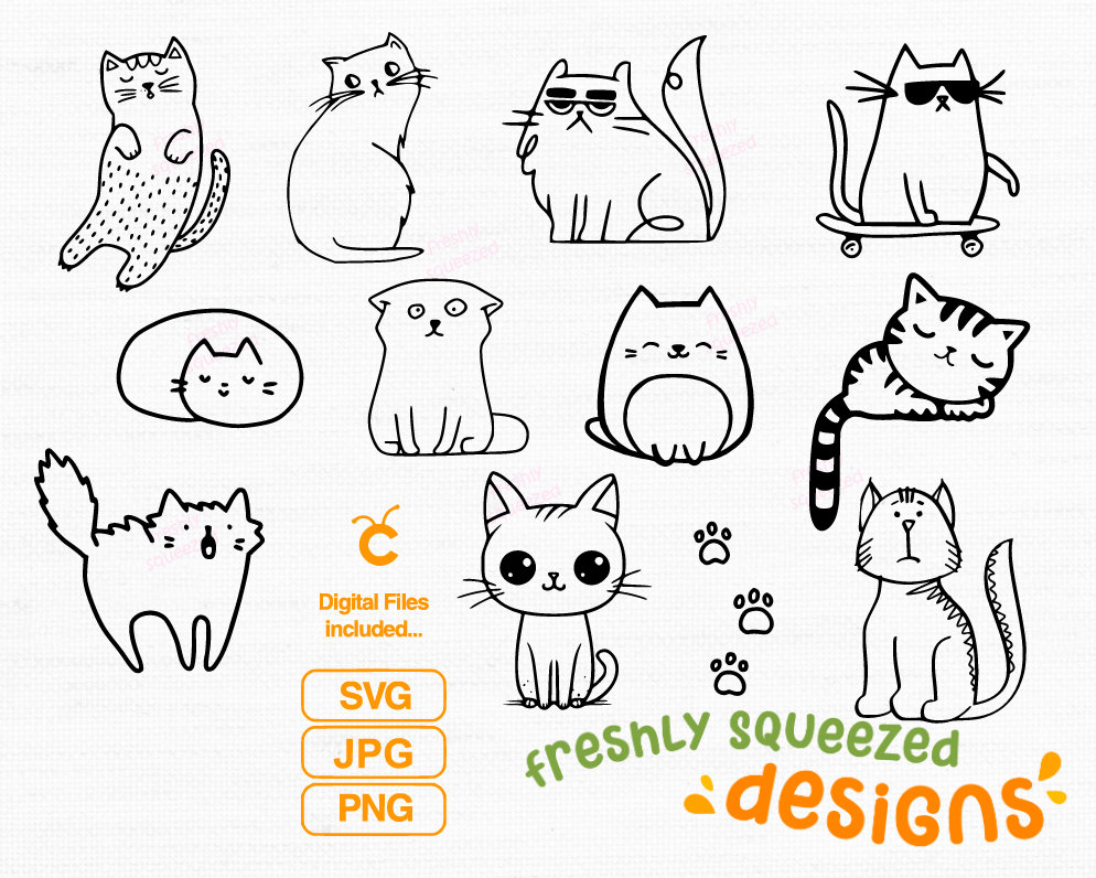 Cute Doodle Cats Kawaii Animals, Kitty Cat, Cute Cat Sketch Bundle ...