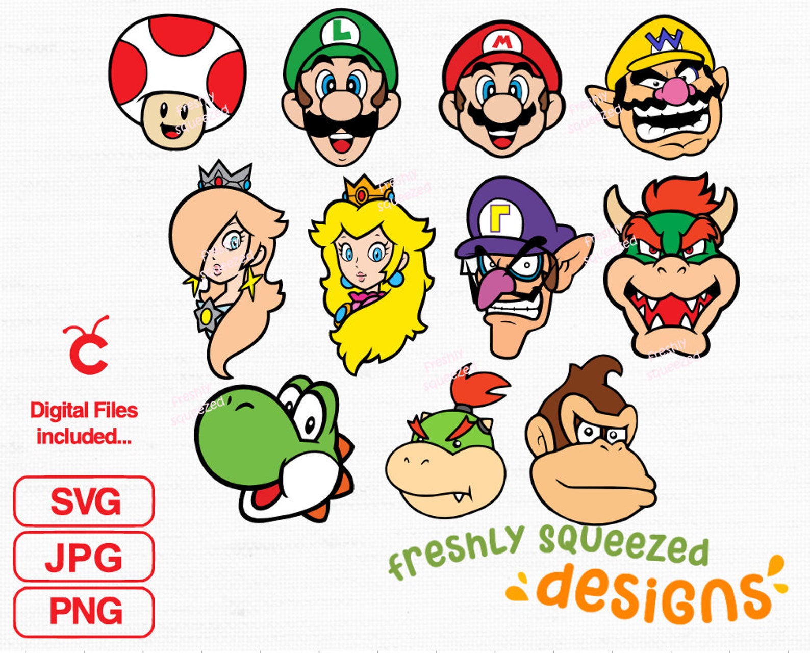 Mario Faces Collection SVG PNG JPG Bundle, Peach Bowser Toad Donkey ...