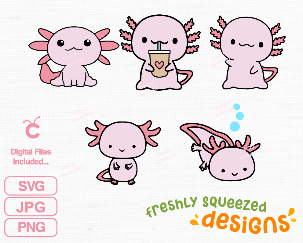 Cute Axolotl Bundle, Color and Outline Designs, Kawaii Animal Baby, SVG ...