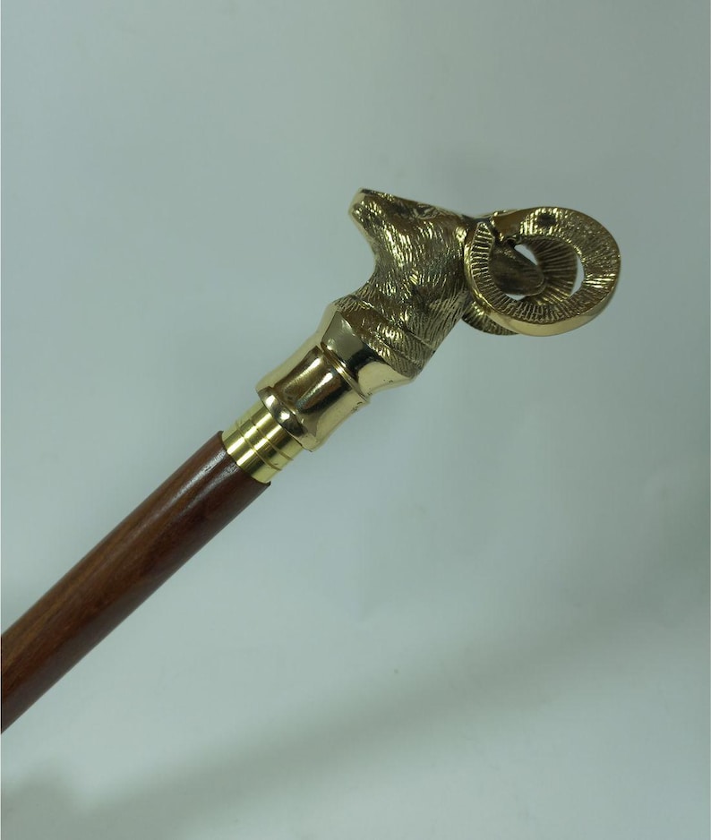 Vintage Ram Head Walking Cane: Handmade Brass Handle, Foldable Wooden ...