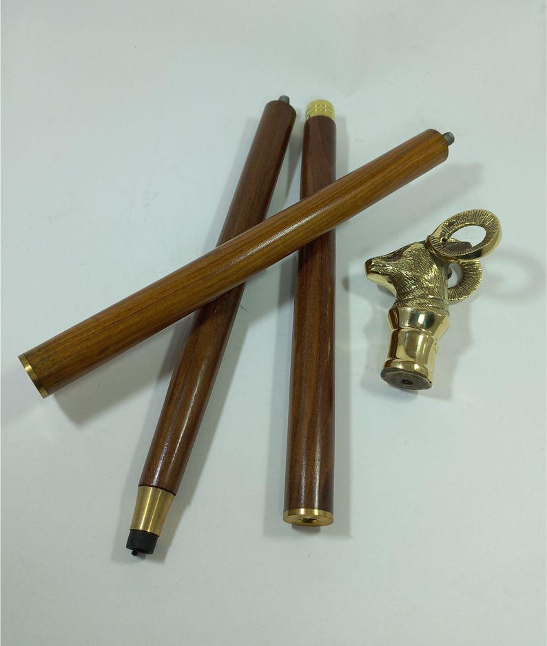 Vintage Ram Head Walking Cane: Handmade Brass Handle, Foldable Wooden ...