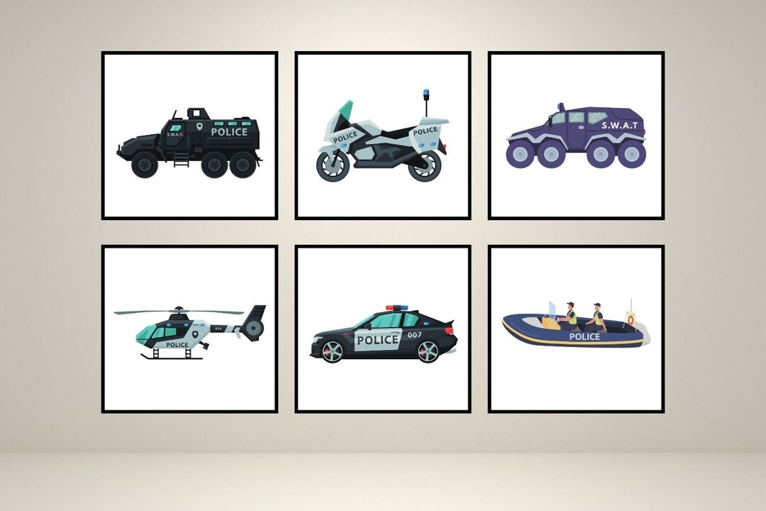 Police Vehicles Prints – Kids Room Decor, Transportation Art (digital ...