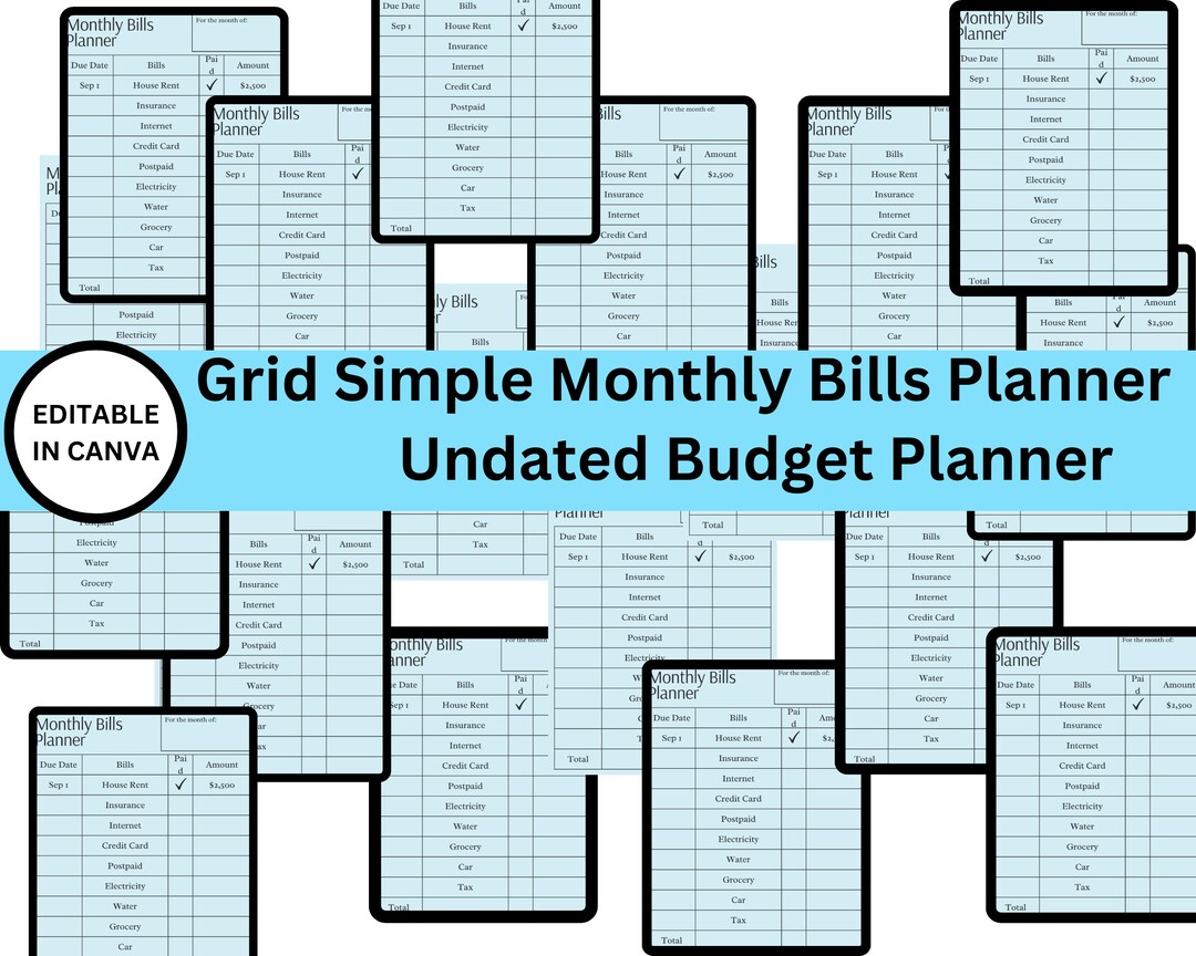 Grid Simple Monthly Bills Planner Undated Budget Planner - Etsy