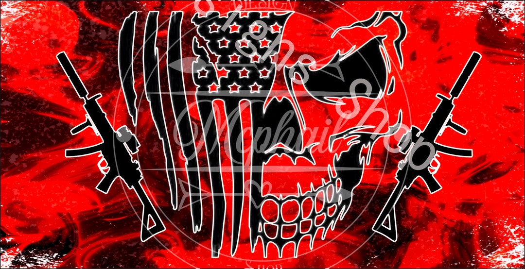 Red Smoke Skull Black Outline With Flag and Guns License Plate Tag ...