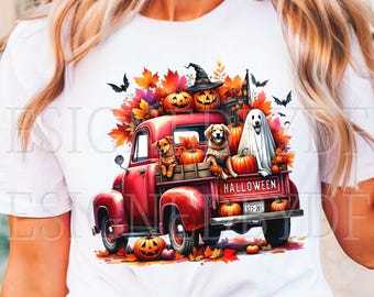 Little Red Truck Fall Png, Halloween Truck Dog PNG for Sublimation ...