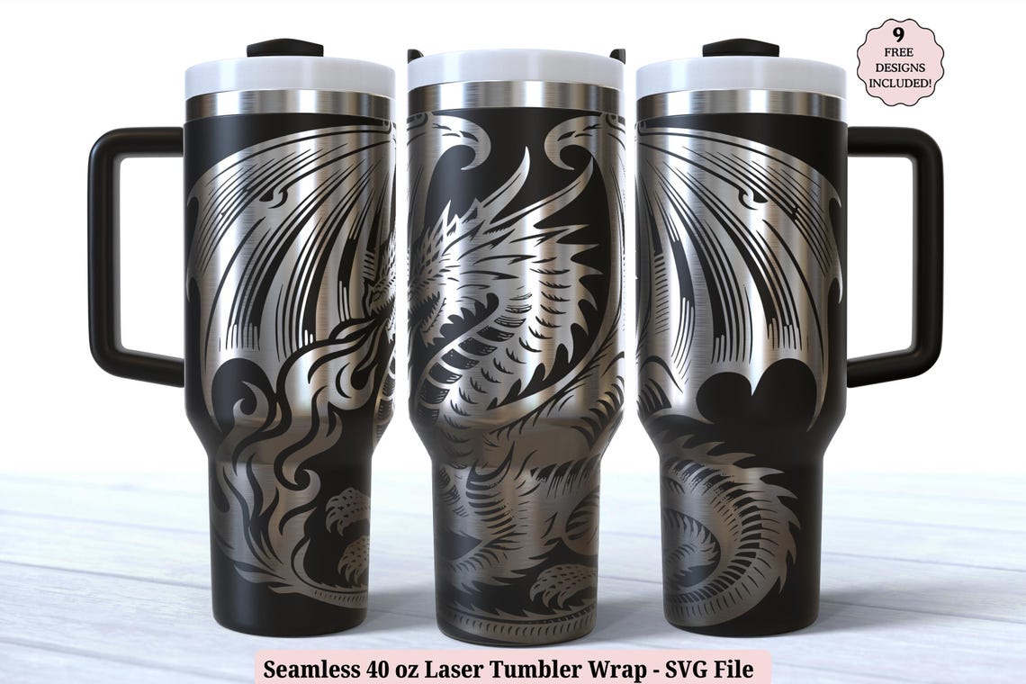 Dragon Laser Wrap SVG for Laser Rotary, Fantasy Dragon Flames Engraved ...