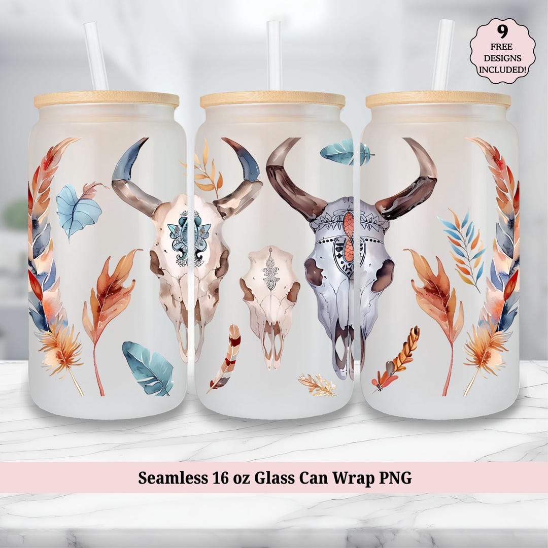 Western Glass Tumbler Wrap PNG, Floral Boho Cow Bull Skull County Girl ...