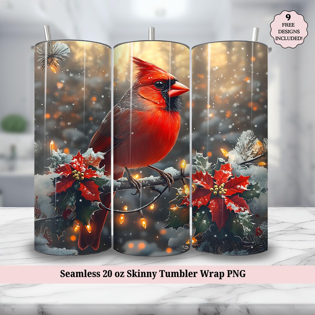 Christmas Cardinal Tumbler Wrap PNG, Red Winter Cardinal Birds Xmas ...