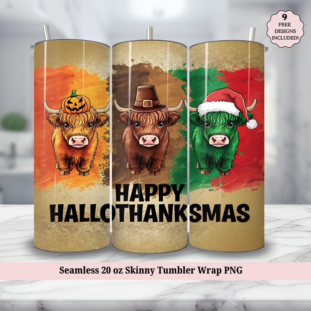 Happy Hallothanksmas Cow Tumbler Wrap, Fall Highland Cow PNG, Halloween ...