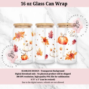 Fall Leaves 16oz Glass Can Wrap PNG, Frosted Glass, Sublimation Design ...