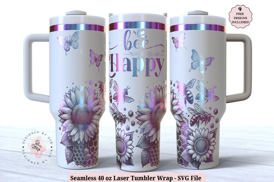 Bee Happy Laser Wrap SVG for Laser Rotary, Motivational Floral Flowers ...