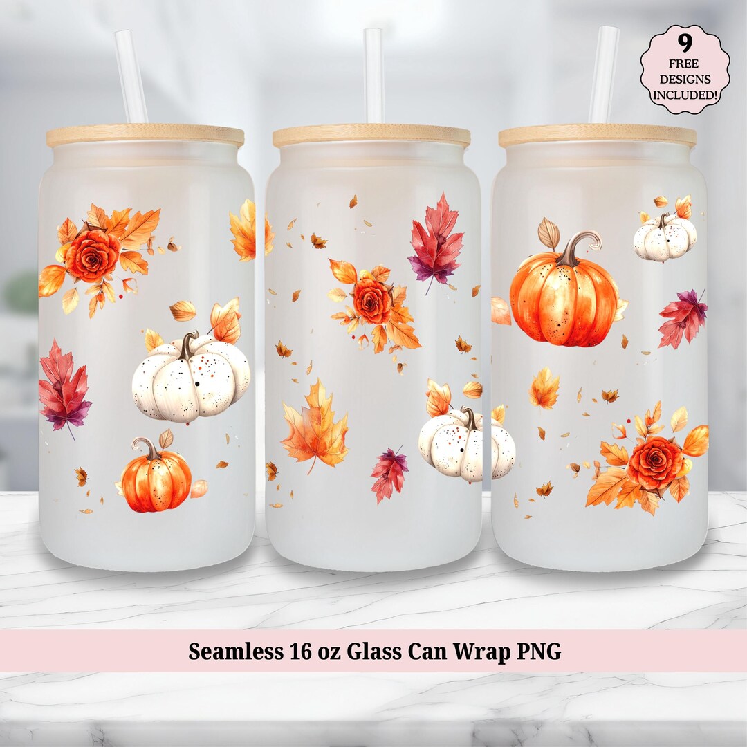 Fall Leaves 16oz Glass Can Wrap PNG, Frosted Glass, Sublimation Design ...