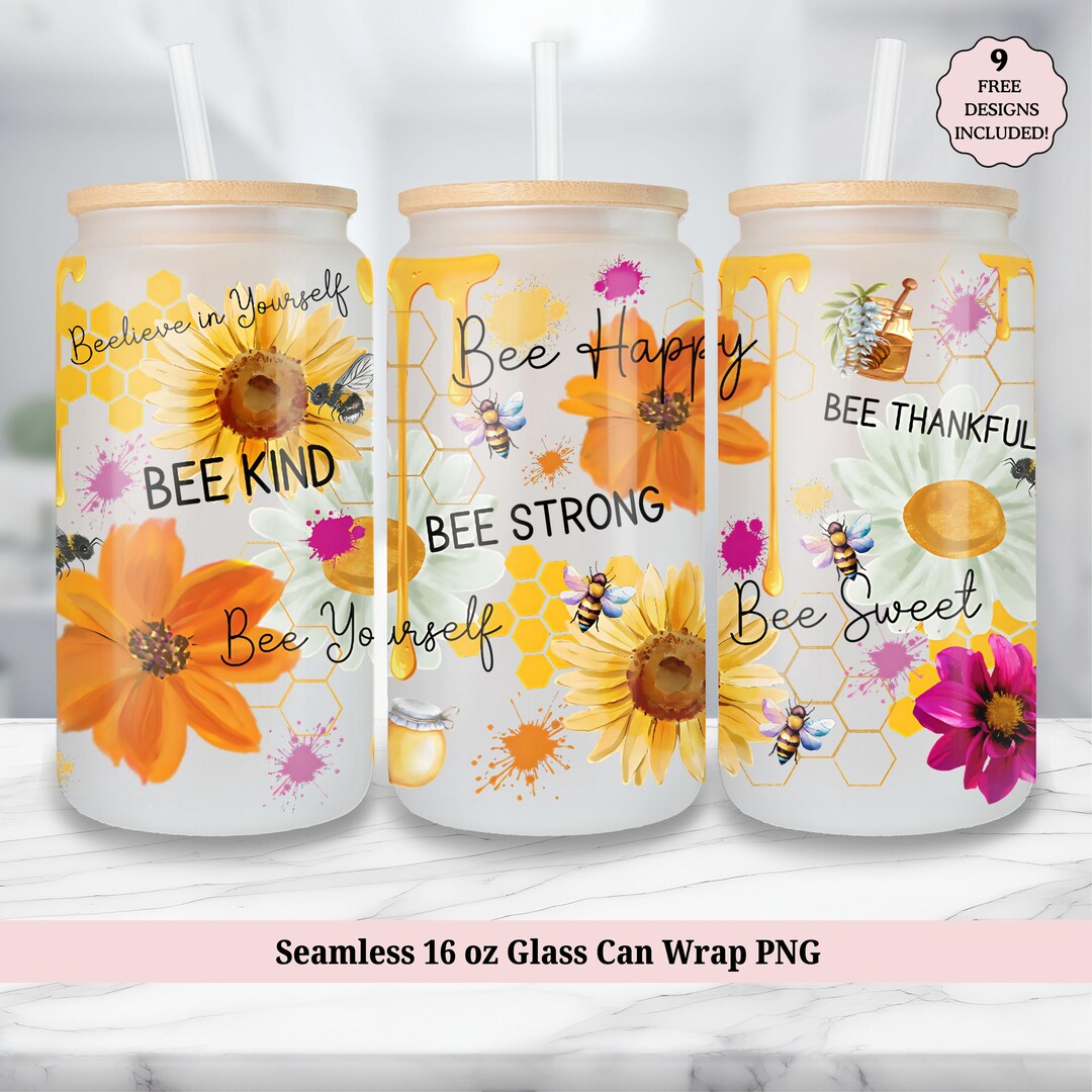 Bee Affirmation Glass Tumbler Wrap, Inspirational Watercolor Bee 16 Oz ...