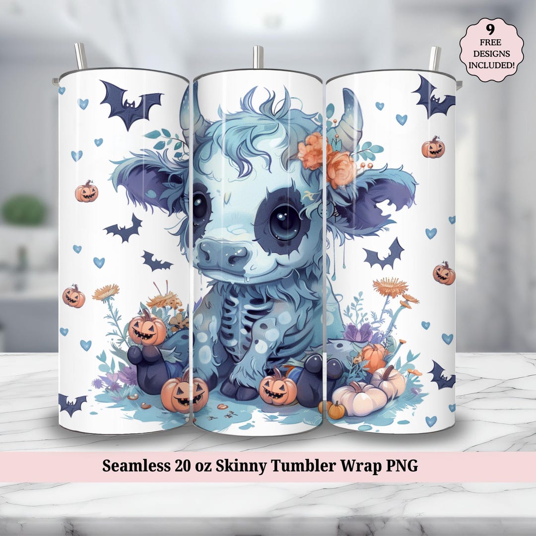 Blue Highland Cow Retro Halloween Tumbler Wrap PNG, Cute Animal 20oz ...