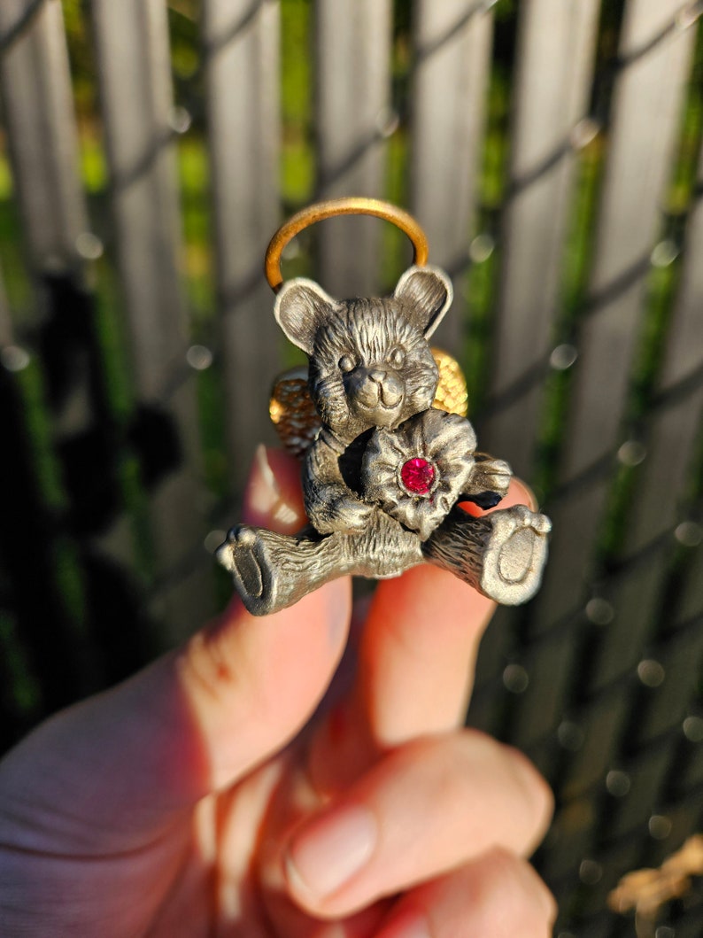 Birthstone Angel Bear July Ruby Vintage Pewter Teddy Bear With Heart Shape Stone Display, Gold ...