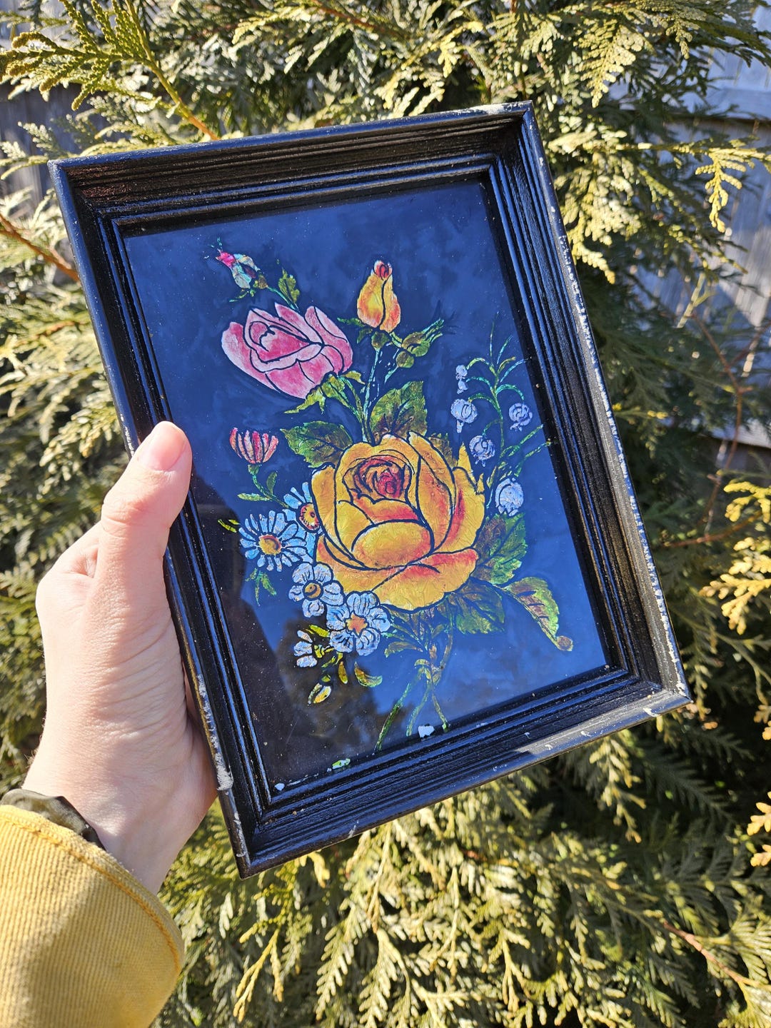 Vintage Reverse Glass Painted Foil Tinsel Floral Framed Painting - Etsy