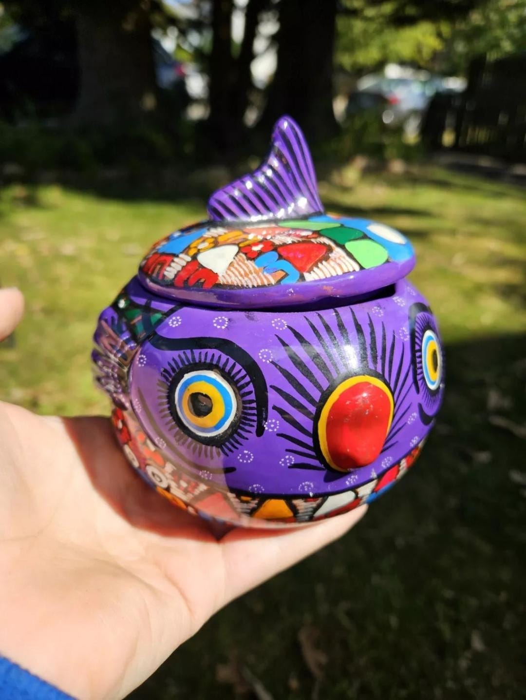 Fish Trinket Box Folk Art Hand Painted Ceramic Vintage - Etsy