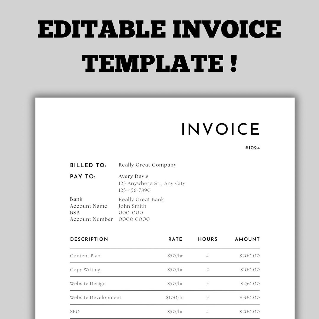 Simple Invoice Template Editable | Printable Invoice | Business Invoice ...