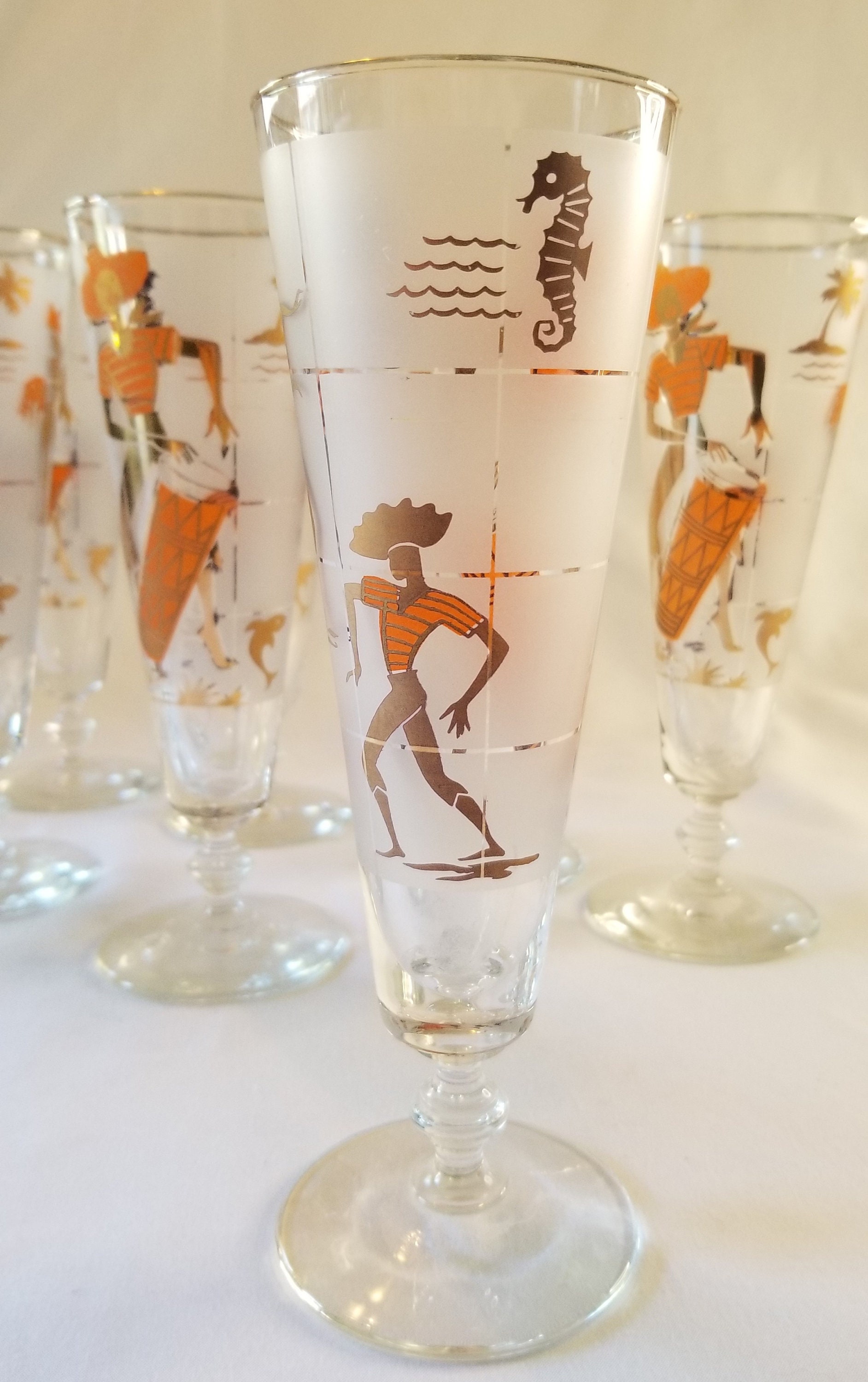 Mid Century Calypso Themed Foil Frosted Pilsner Glasses by Libbey (with ...