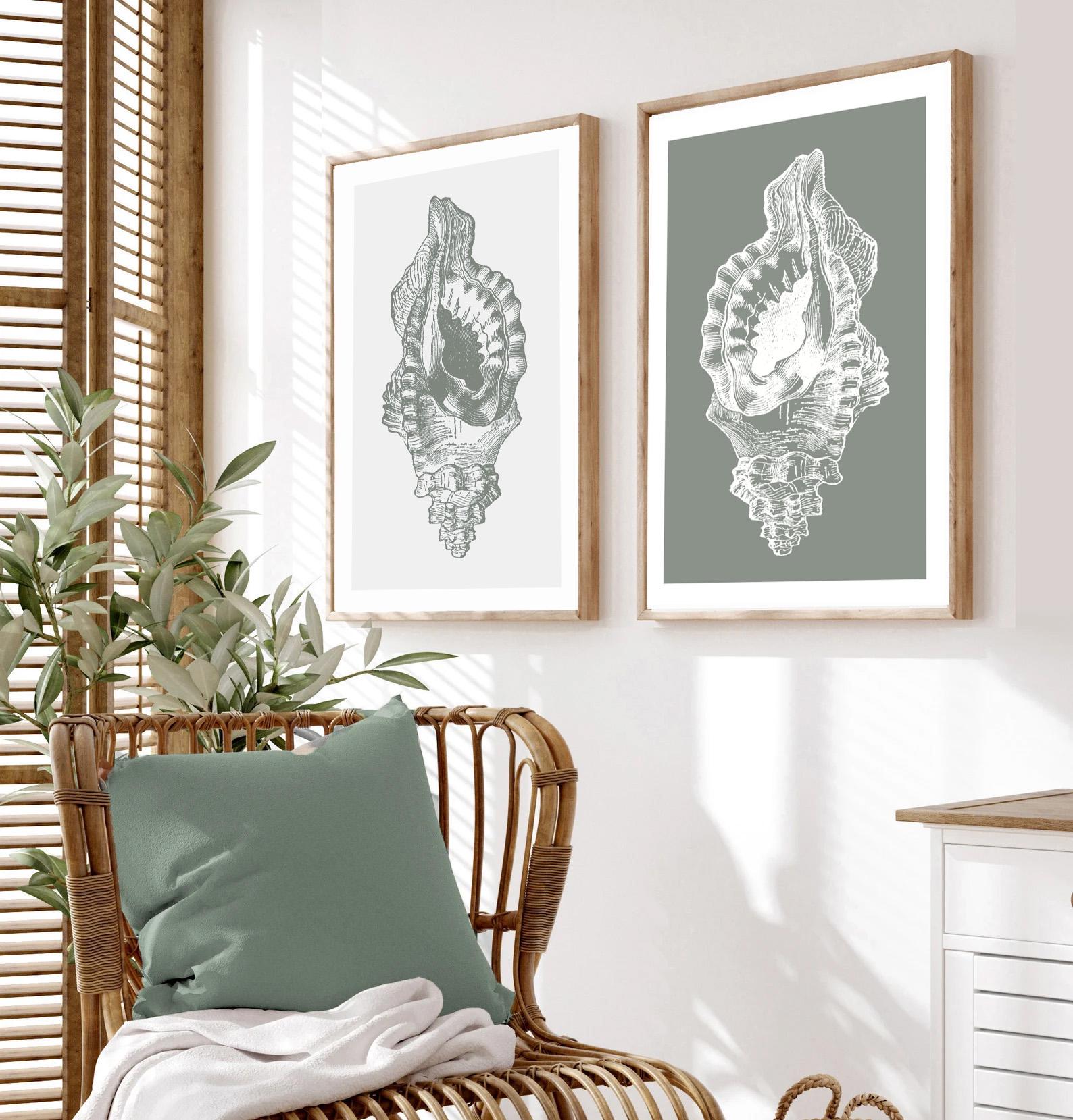 Sage Green Seashell Art Print Set | Minimalist Coastal Wall Decor for ...