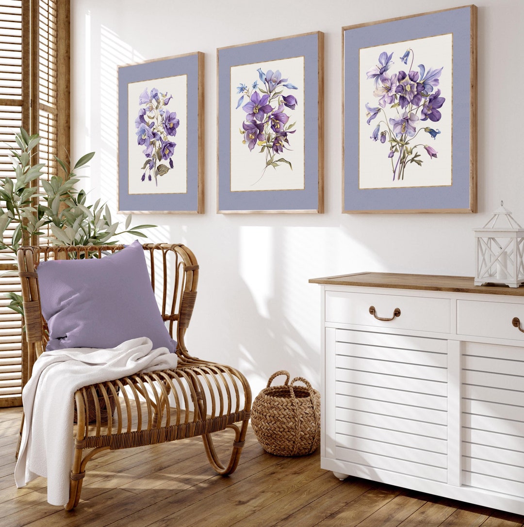 Purple Floral Prints | Set of 3 Wildflower Prints | Vintage Botanical ...