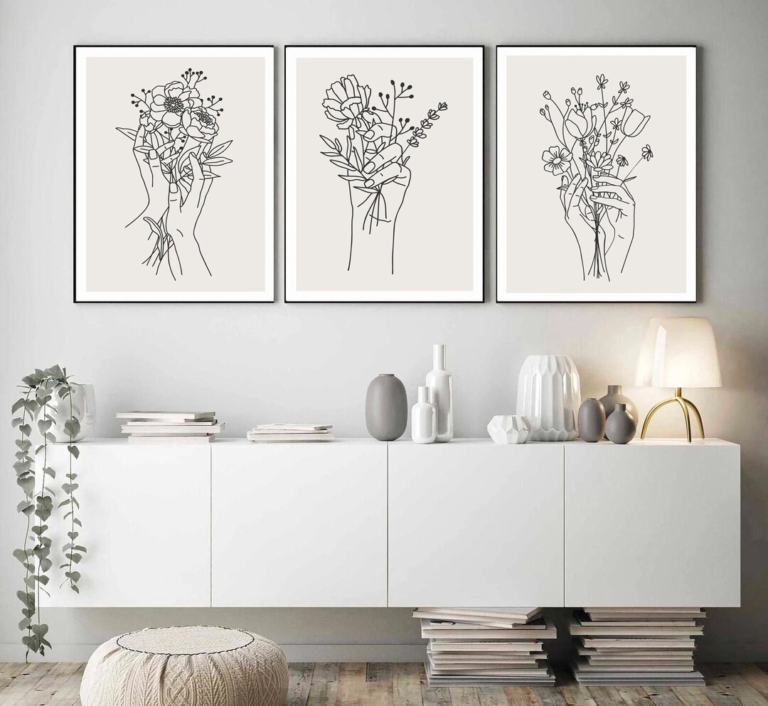 Set of 3 Boho Line Drawing Romantic Line Art of Hands and Flowers ...