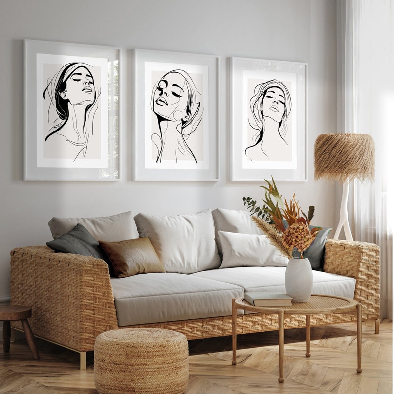 Female Illustration Wall Art | Set of 3 Women Portrait Prints | Pencil ...
