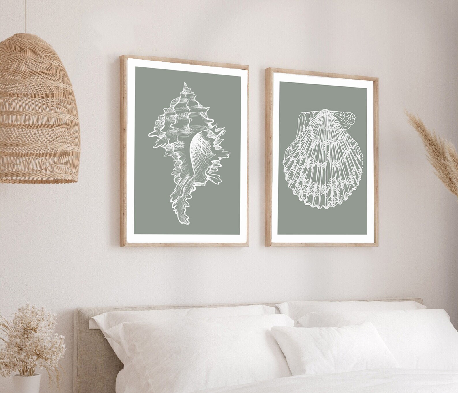 Coastal Print Set, Modern Coastal Art, Seashell Print in Sage Green ...