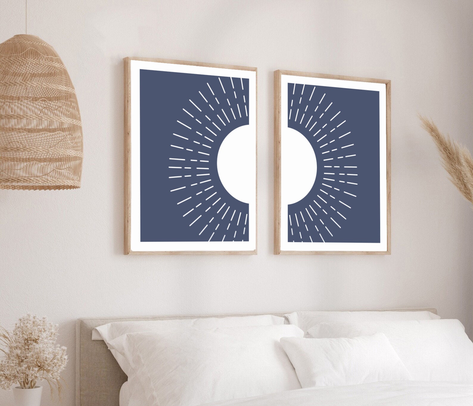 Set of 2 Navy Blue Boho Sun Print, Geometric Sun Print, Mid Century ...