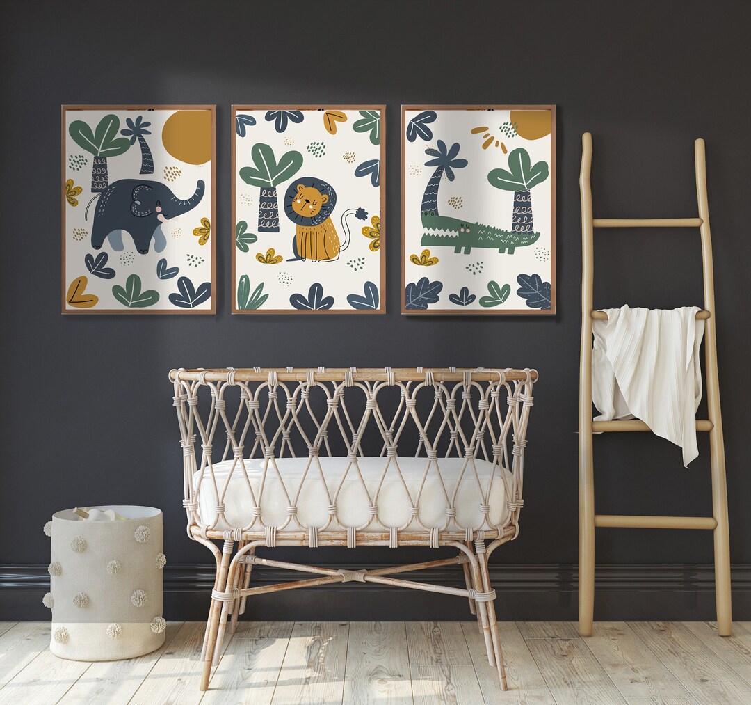 Set of 3 Boho Nursery Wall Prints With Cute Safari Animals Bohemian ...