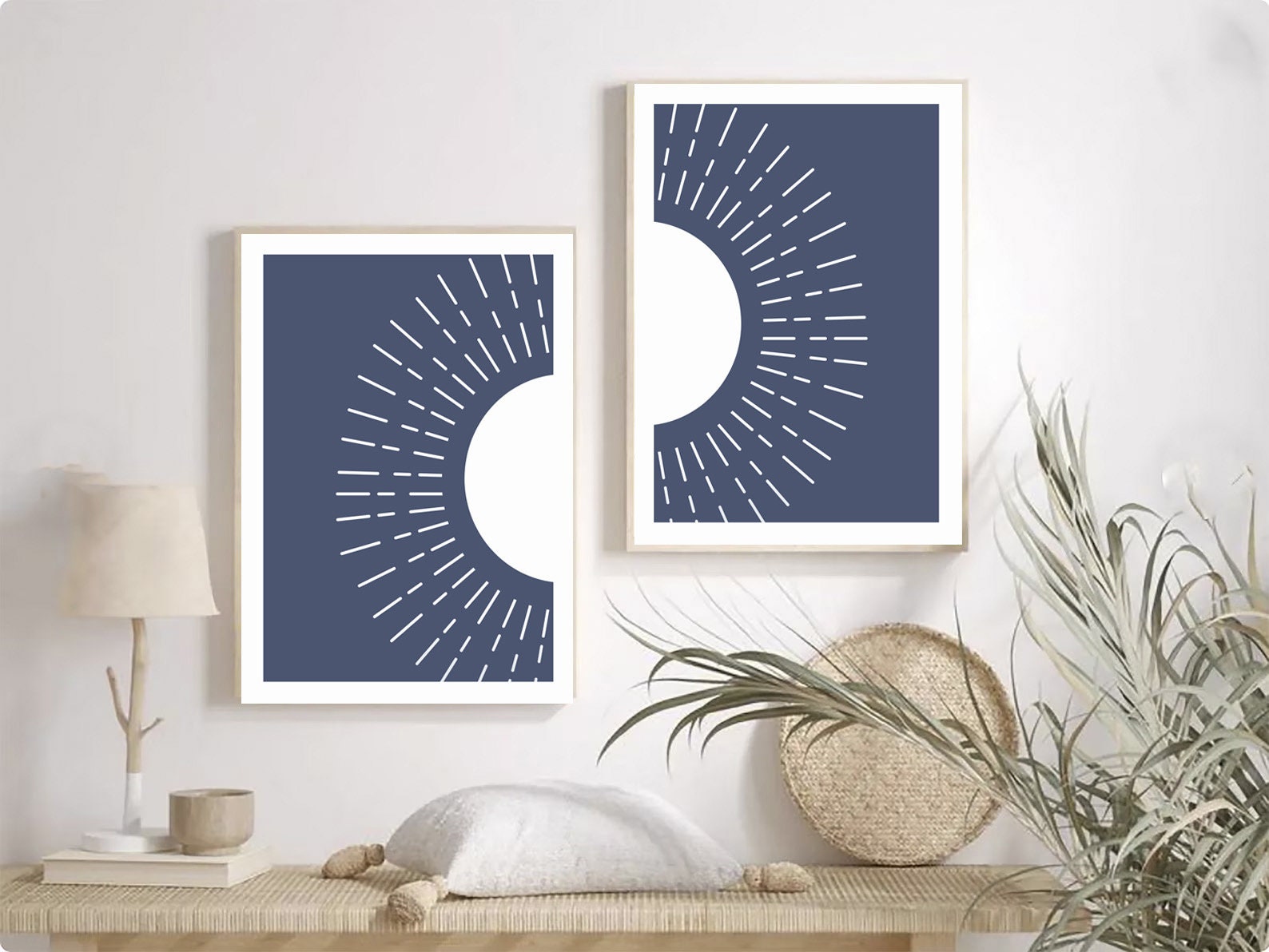 Set of 2 Navy Blue Boho Sun Print, Geometric Sun Print, Mid Century ...