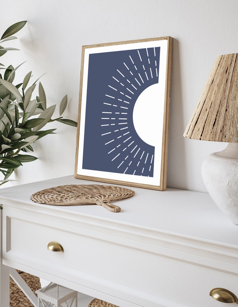Set of 2 Navy Blue Boho Sun Print, Geometric Sun Print, Mid Century ...