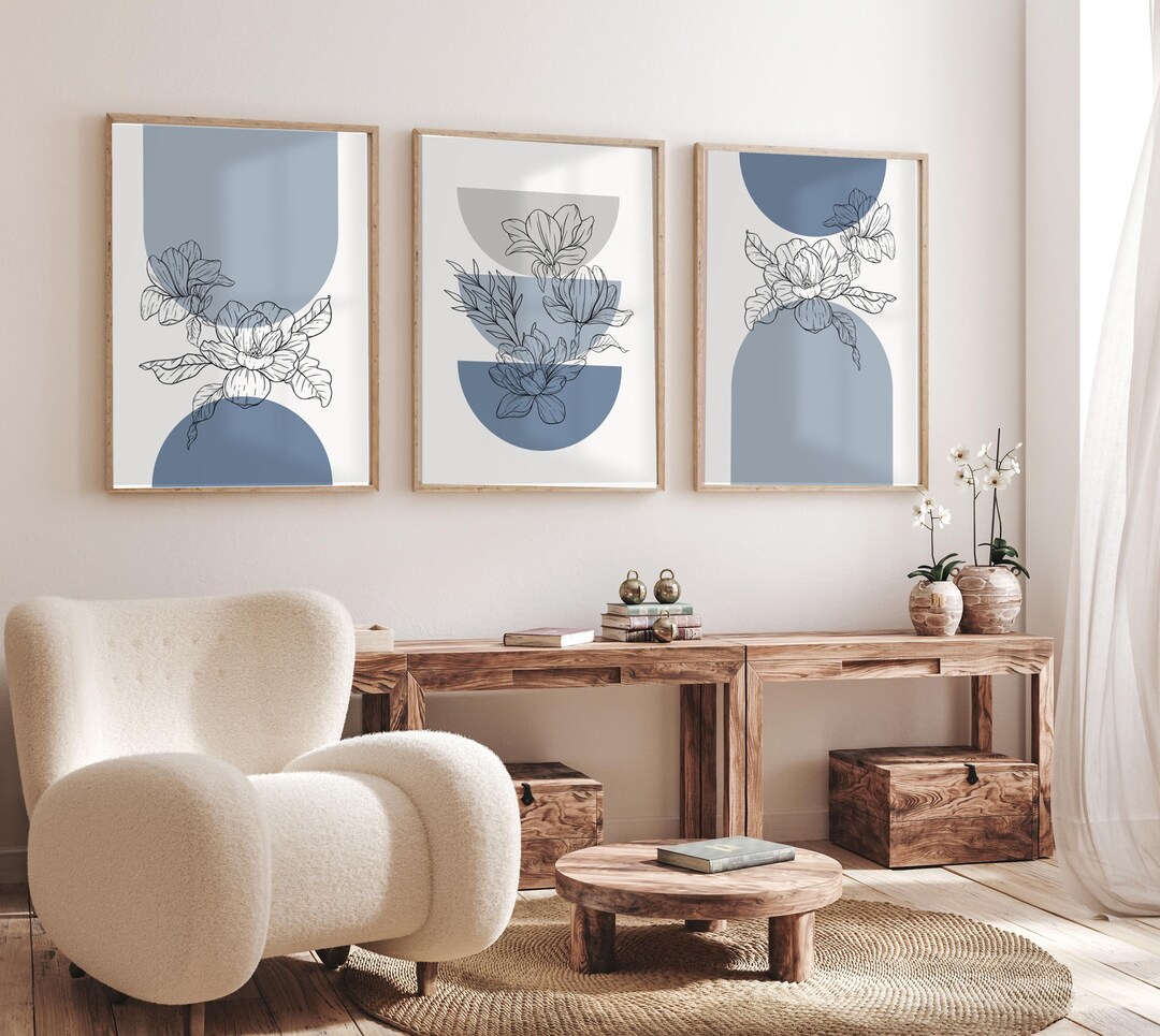 Modern Blue Floral Wall Art Set | Geometric Minimalist Botanical Prints ...