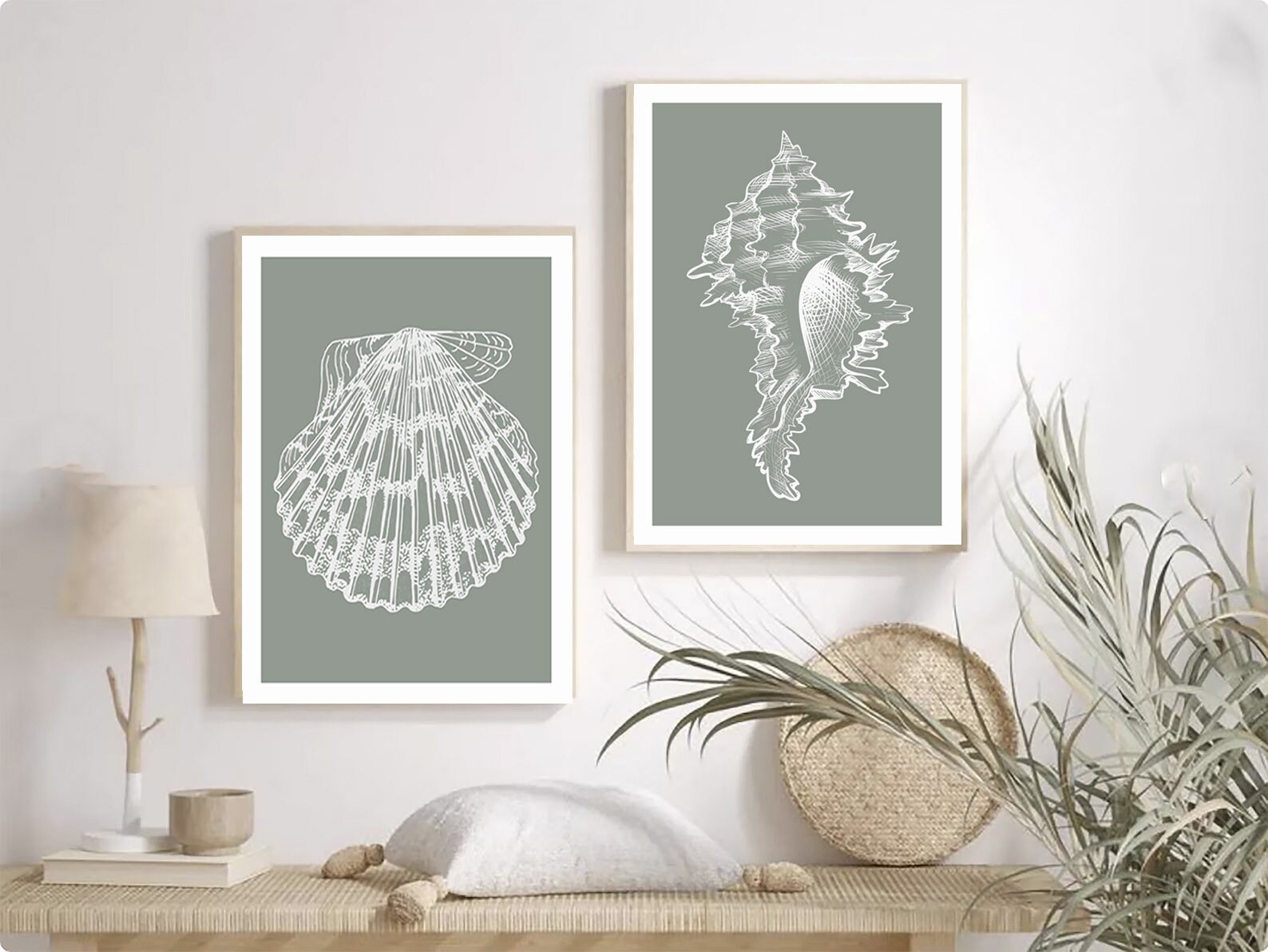 Coastal Print Set, Modern Coastal Art, Seashell Print in Sage Green ...