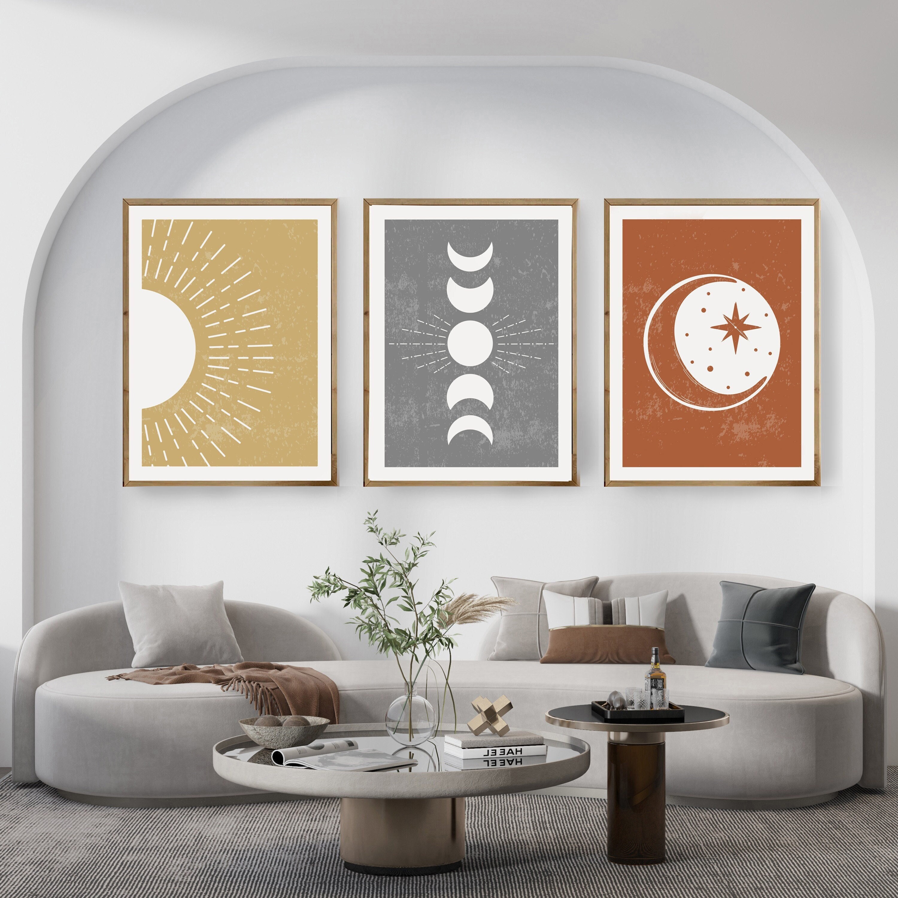 Set of 3 Boho Sun and Moon Prints, Celestial Colorful Art, Above Bed ...