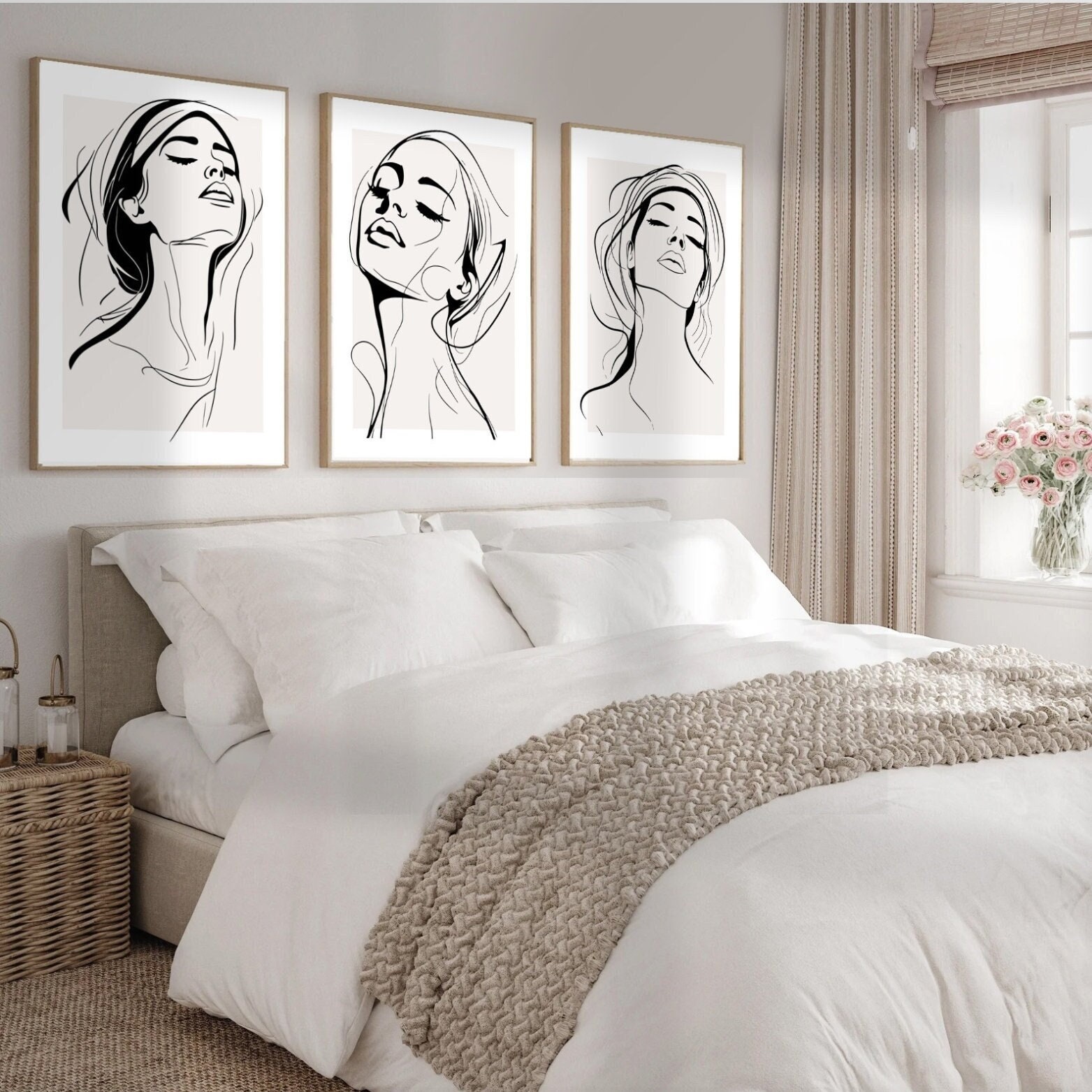 Female Illustration Wall Art | Set of 3 Women Portrait Prints | Pencil ...