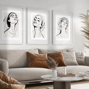 Female Illustration Wall Art | Set of 3 Women Portrait Prints | Pencil ...