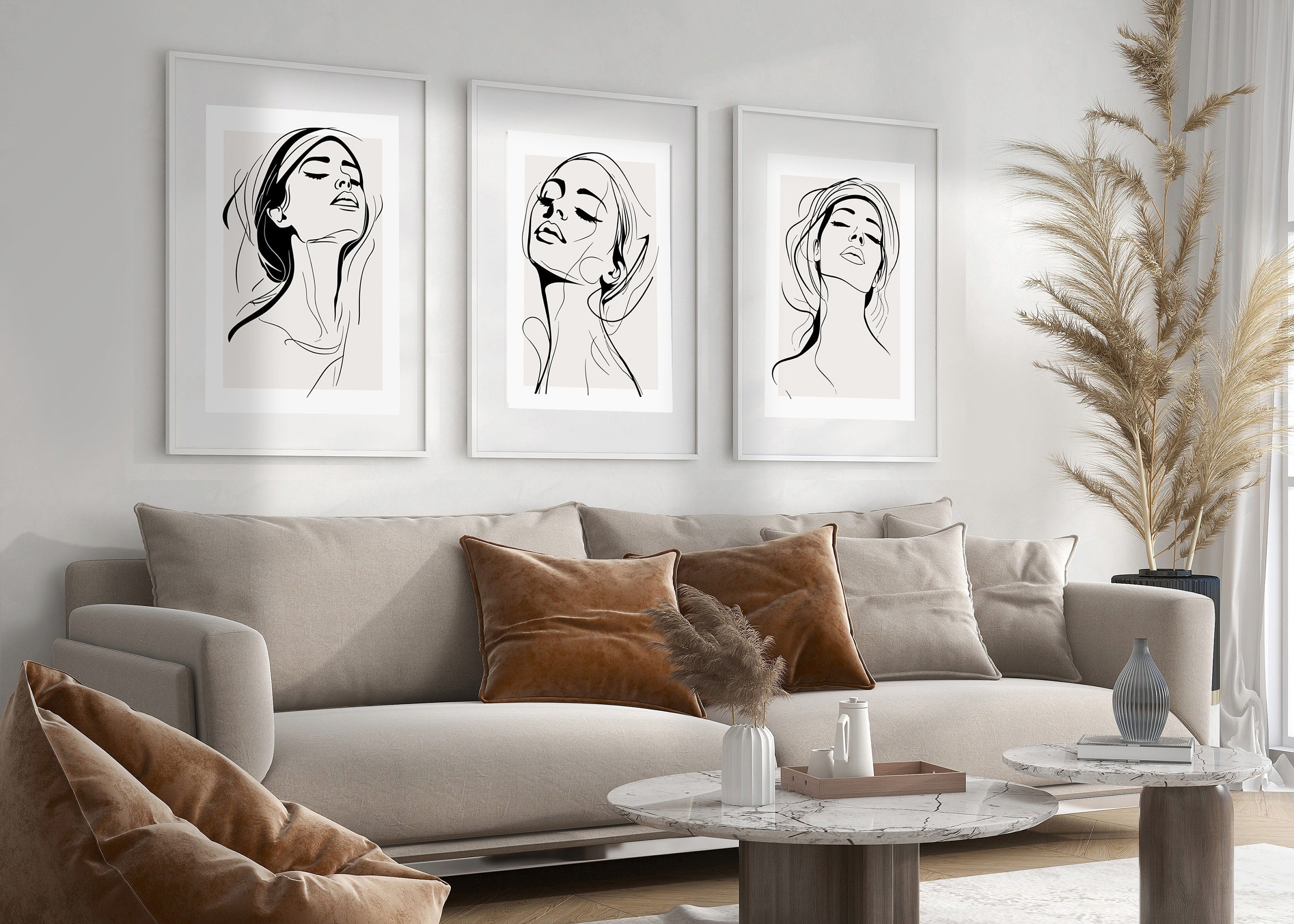 Female Illustration Wall Art Set of 3 Women Portrait Prints Pencil ...