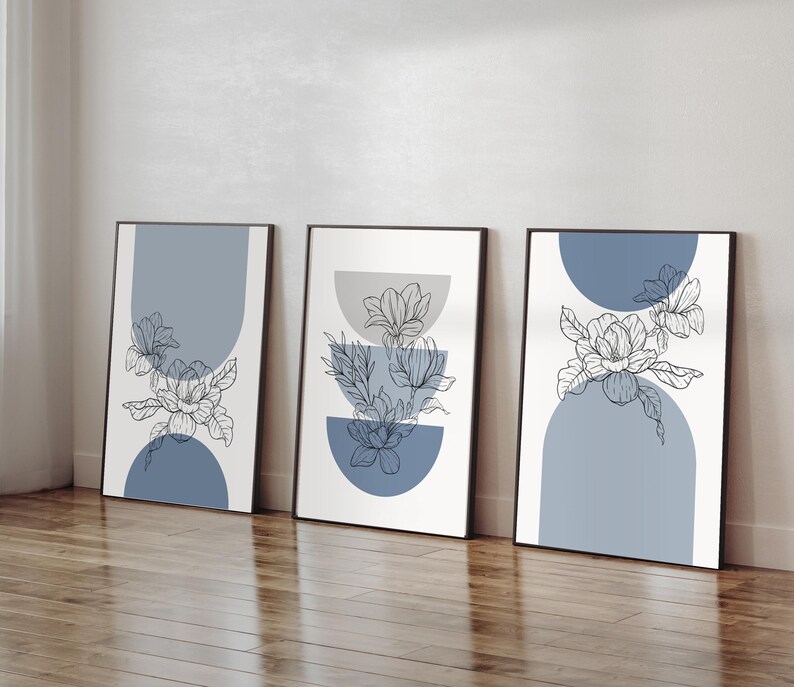 Modern Blue Floral Wall Art Set | Geometric Minimalist Botanical Prints ...