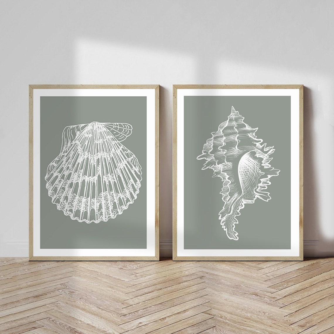 Coastal Print Set, Modern Coastal Art, Seashell Print in Sage Green ...