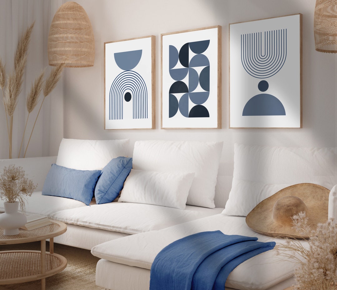 Set of 3 Blue Wall Art Prints | Mid-century Modern Art | Geometric Boho ...