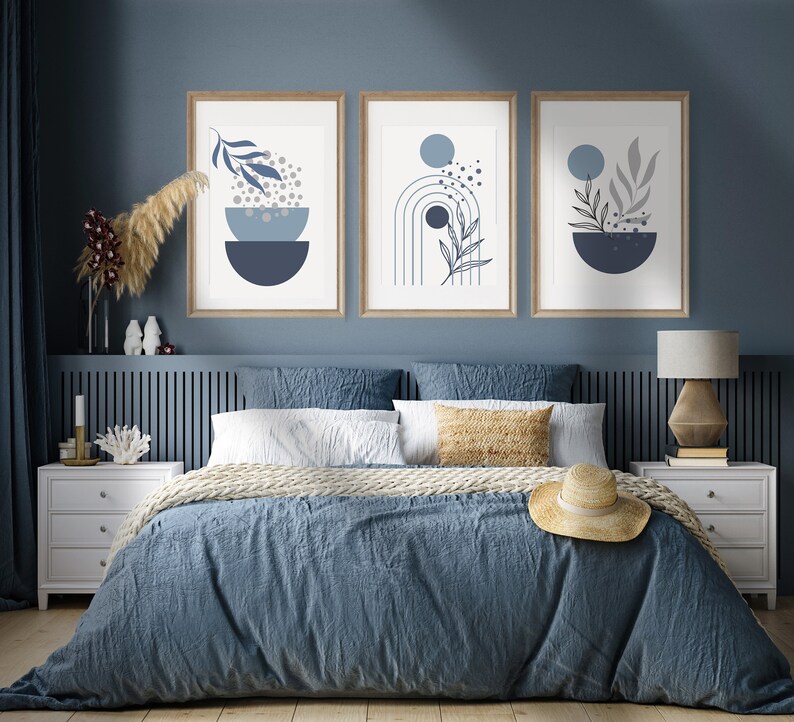 Set of 3 Blue Prints | Mid-century Art With Botanical Elements in Blue ...