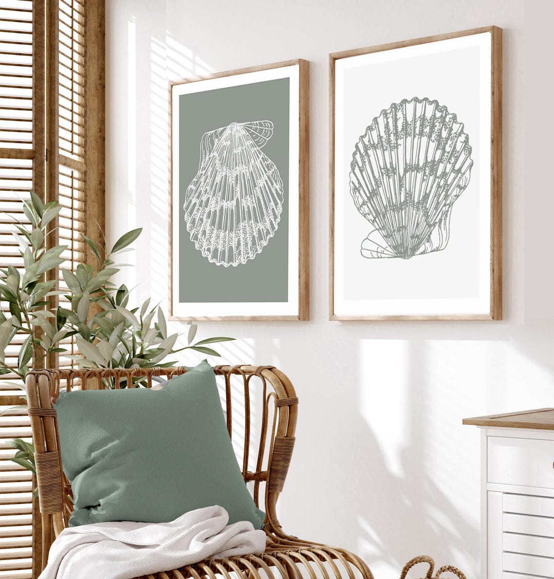 Seashell Prints in Sage Green | Coastal Home Decor | Nautical Beach ...