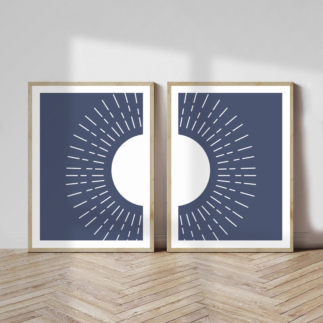 Set of 2 Navy Blue Boho Sun Print, Geometric Sun Print, Mid Century ...