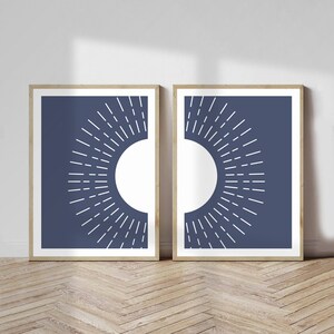 Set of 2 Navy Blue Boho Sun Print, Geometric Sun Print, Mid Century ...