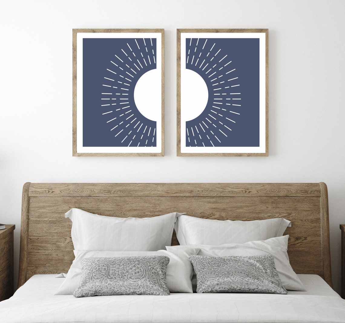Set of 2 Navy Blue Boho Sun Print, Geometric Sun Print, Mid Century ...