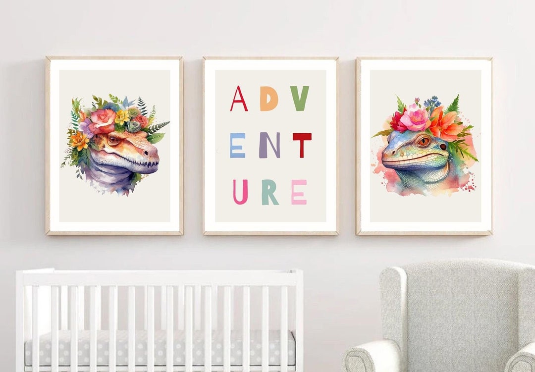 Colorful Digital Art Set With Dinosaur Illustrations | Boy's Room Art ...