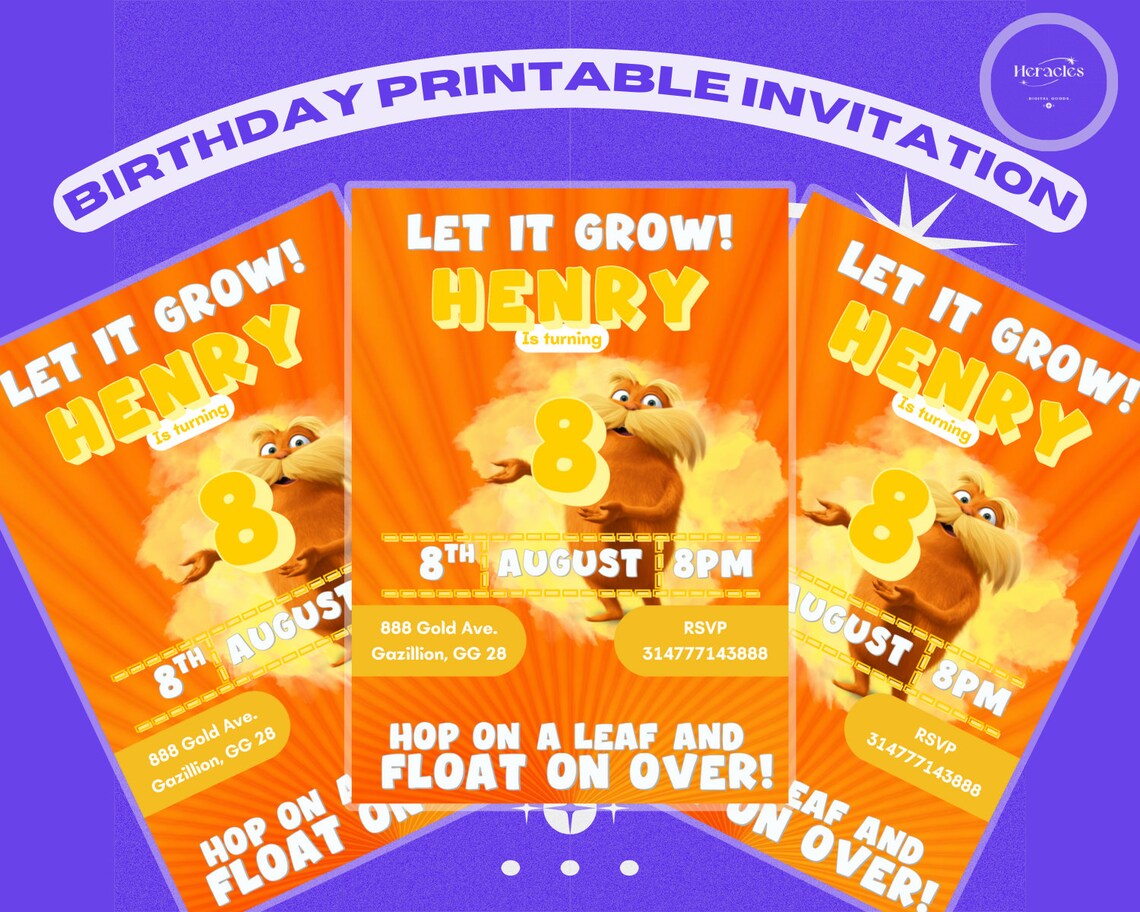 The Lorax Birthday Printable Invitation, the Lorax Birthday Invite, the ...