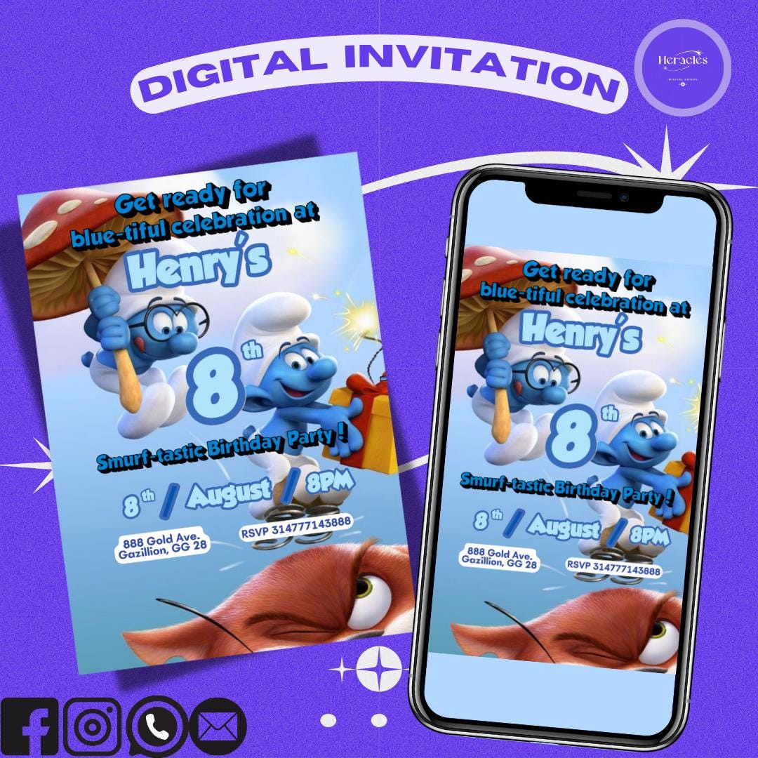 Smurfs Birthday Invitation, Smurf Birthday Invite, Smurfs Birthday ...