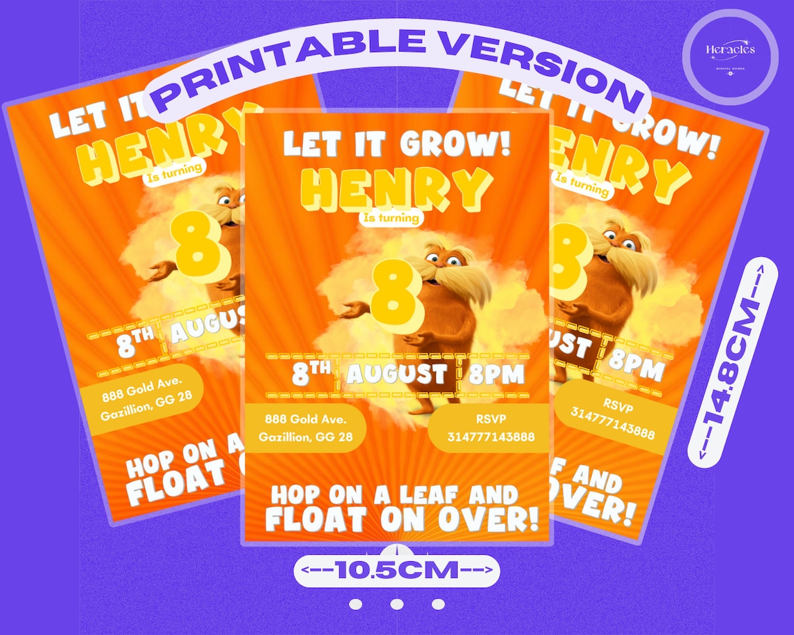 The Lorax Birthday Printable Invitation, the Lorax Birthday Invite, the ...